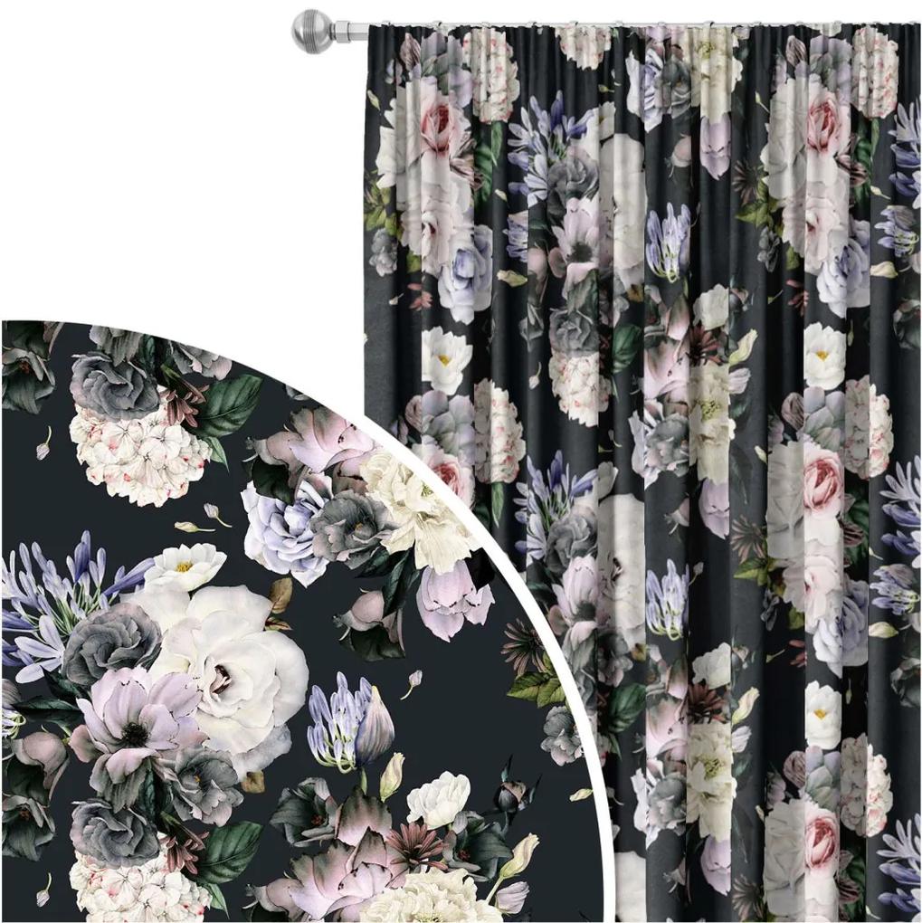 Záclona na žabky Důstojná kytice - kompozice květů růží a pivoněk na černém pozadí