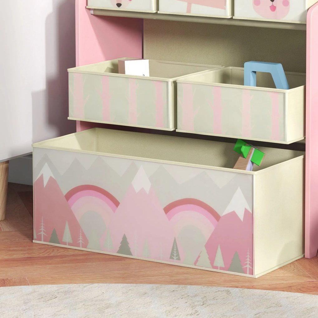 ZONEKIZ Dětská šatní skříň se 6 látkovými boxy, roztomilý motiv, 63x30x66 cm, růžová barva