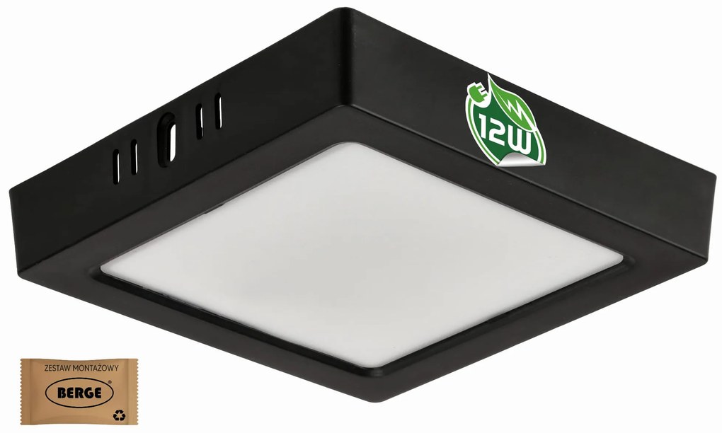 BERGE Čtvercový LED panel přisazený - černý - 12W - PC - neutrální bílá