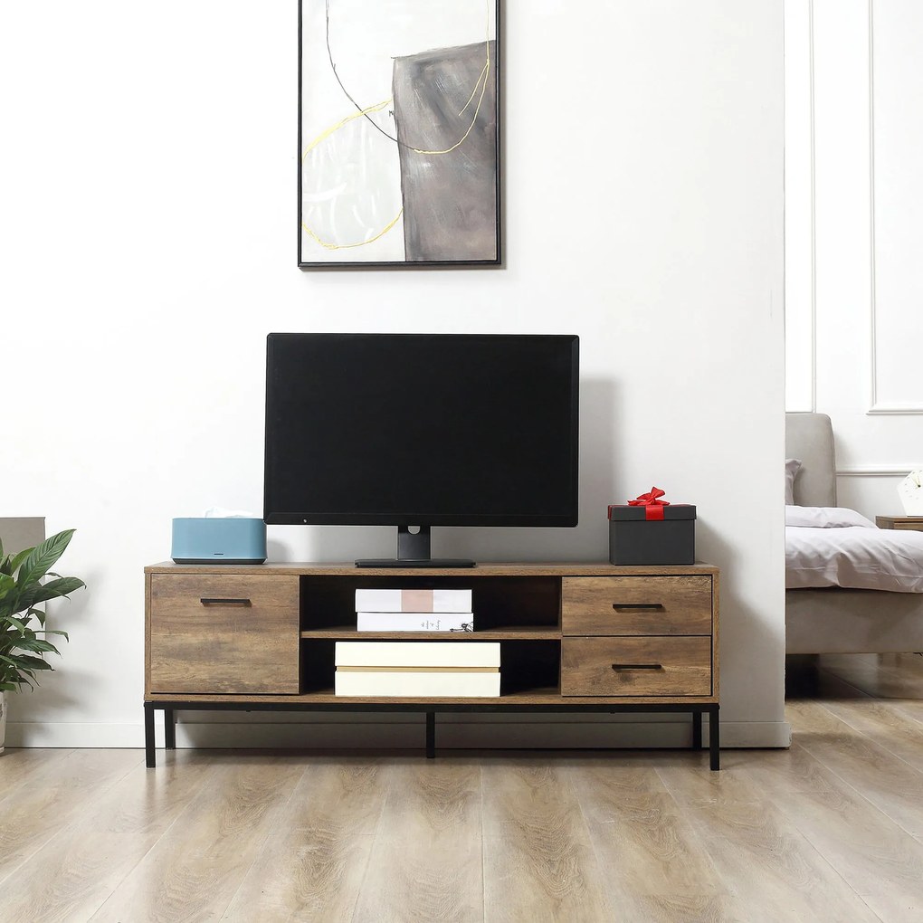 HOMCOM Dřevěný TV Stojan pro Televize do 50 Palců se 2 Zásuvkami a 2 Policemi, Správa Kabelů pro Obývací Pokoj, Jídelnu a Ložnici, 132 x 39 x 45.5 cm…