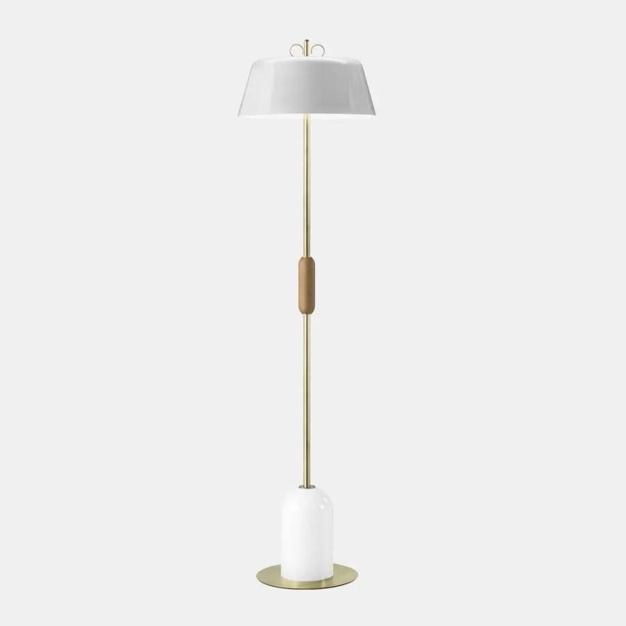 Il Fanale Bon Ton, stojací lampa z mosazi a dřeva, bílá základna, bílé stínítko, 3x30W E14, výška 155,7cm