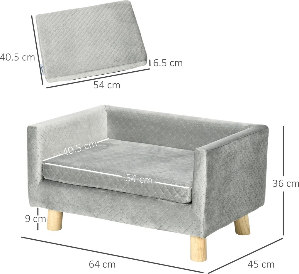 PawHut pohovka pro psy sametová dotyková pohovka pro malé psy do 8 kg s dřevěnými nohami šedá 64x45x36cm pro stylový nábytek pro domácí mazlíčky | Ao…