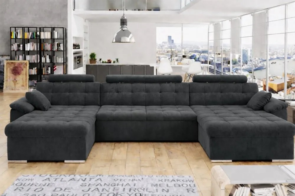 Rozkládací rohová sedačka MIA U II 378x170 se záhlavníky tmavě šedá