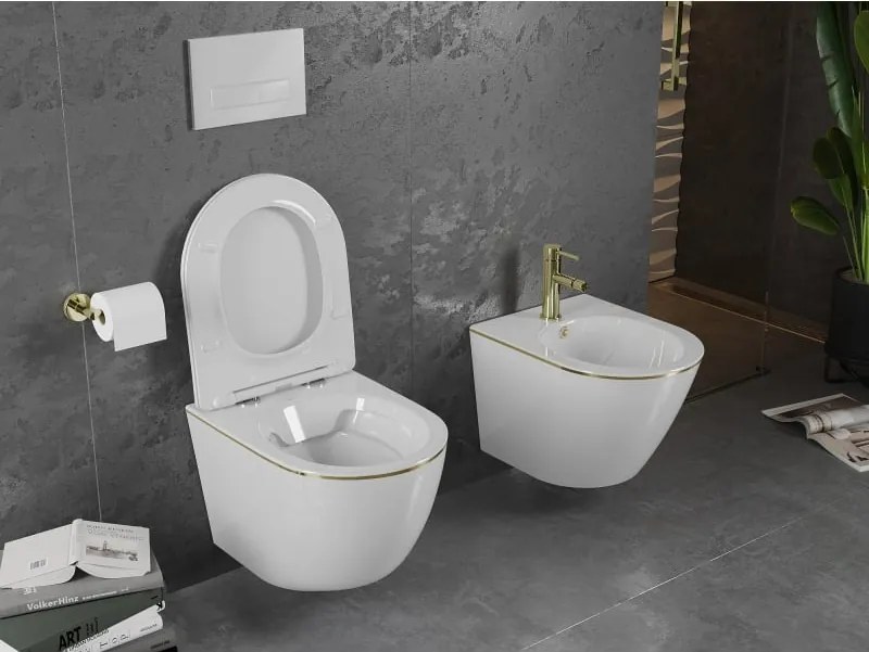 Mexen Lena wc mísa Rimless s pomalu klesající slim deskou, duroplast, bílá/zlatá linie - 30224005