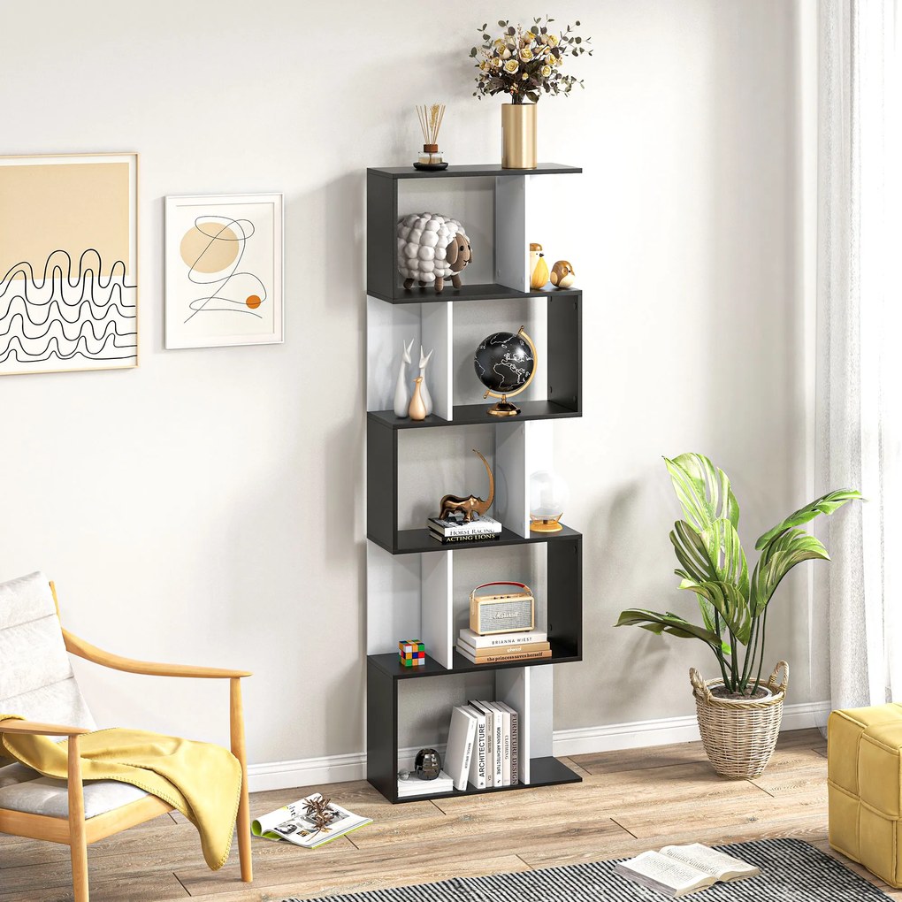 HOMCOM 5-patrová knihovna ve tvaru S, moderní design pro obývací pokoj a kancelář 60x24x184,5 cm Černá a bílá