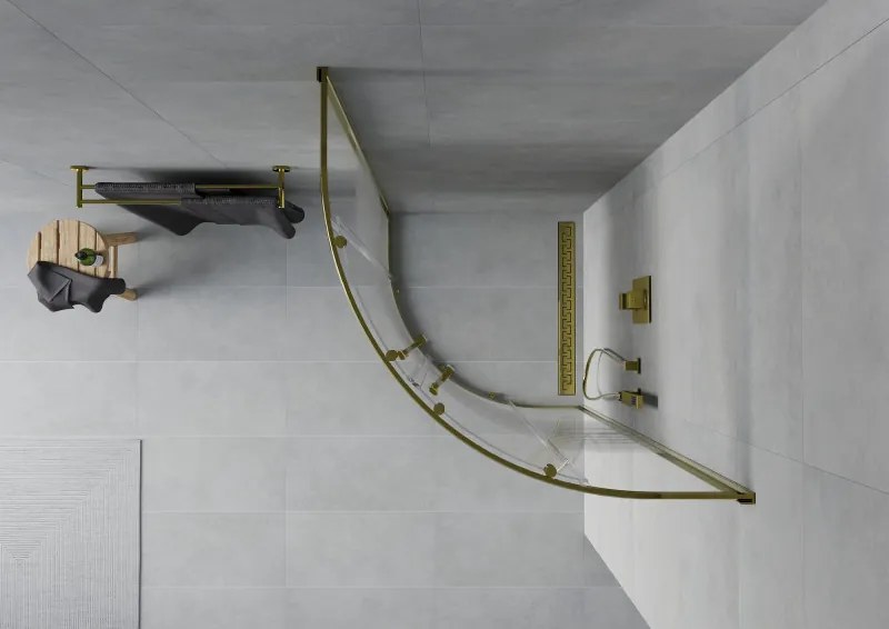 Mexen Rio, čtvrtkruhový sprchový kout 90(dveře)x90(dveře)x190 cm, 5mm čiré sklo s pásky, zlatý profil, 863-090-090-50-20