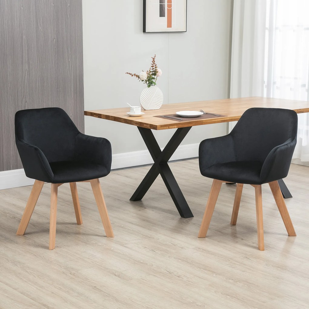 HOMCOM Sada 2 ergonomických kuchyňských židlí s prodlouženými područkami a opěradlem, nosnost do 120 kg, polyester a dřevo, černá 54x57x80 cm