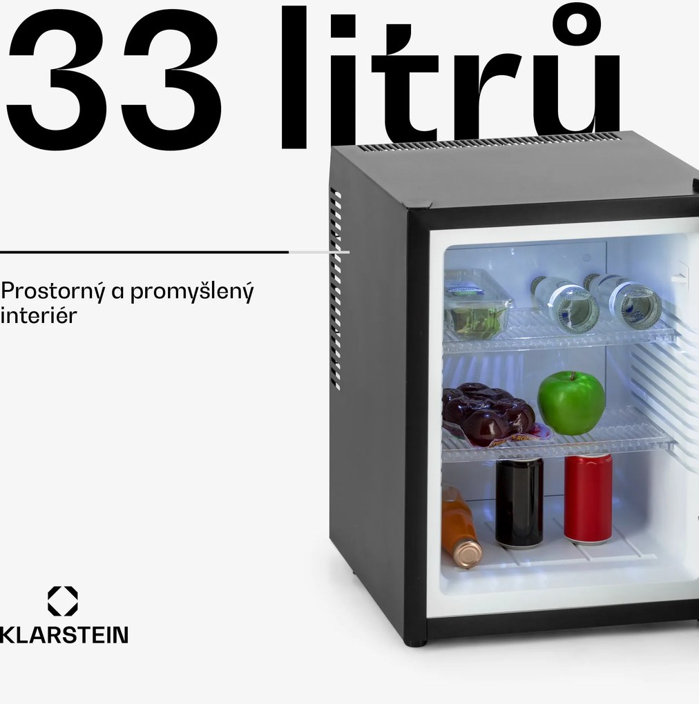 Klarstein Happy Hour 33, minibar, 33 l, 5-15 °C, energetická třída G, tichý, 25 dB, LED osvětlení, černý