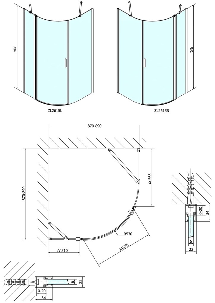 Polysan, ZOOM LINE čtvrtkruhová sprchová zástěna 900x900mm, čiré sklo, pravá, ZL2615R