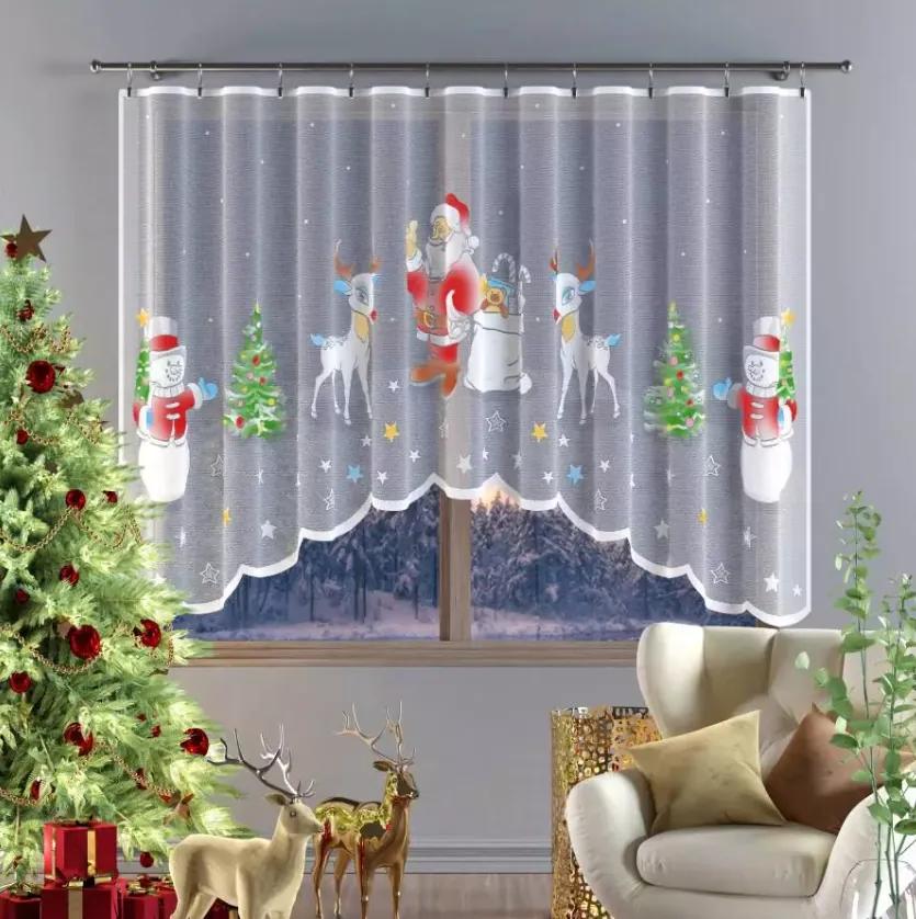 Hotová žakárová vánoční záclona Santa a Sobi 300x150cm bílá
