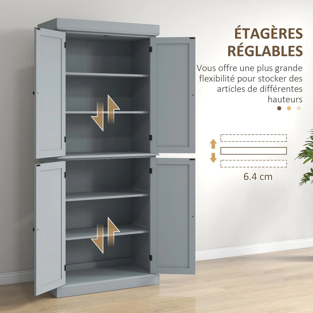 HOMCOM Kuchyňský Skříňový Buffet Skladovací Skříň Moderní Styl s Nastavitelnými Policemi pro Jídelnu a Obývací Pokoj, 76 x 40,5 x 184 cm, Šedá | Aosom