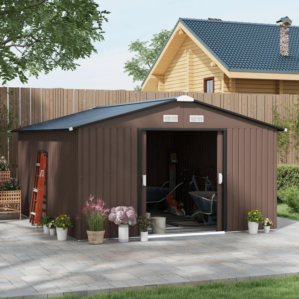 Outsunny Toolhouse 12,4 m², Zahradní Kůlna s Šikmou Střechou, Posuvné Dveře, Základna, 386 x 340 x 200 cm, Kůlna na Nářadí z Pozinkované Oceli, Odoln…