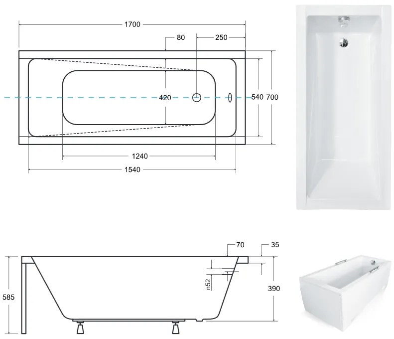 NIKIDO - B Akrylátová vana MODERN SLIM 140x70, 150x70, 160x70, 170x70, 180x80 Velikost: 150x70