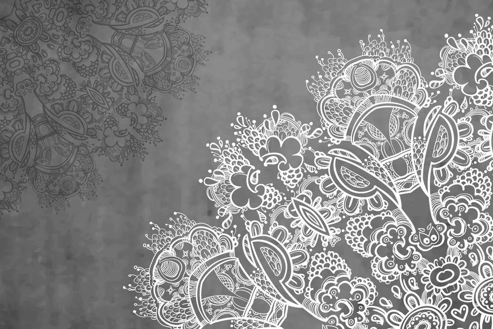 Obraz prvky květinové Mandaly v černobílém provedení - 90x60 cm