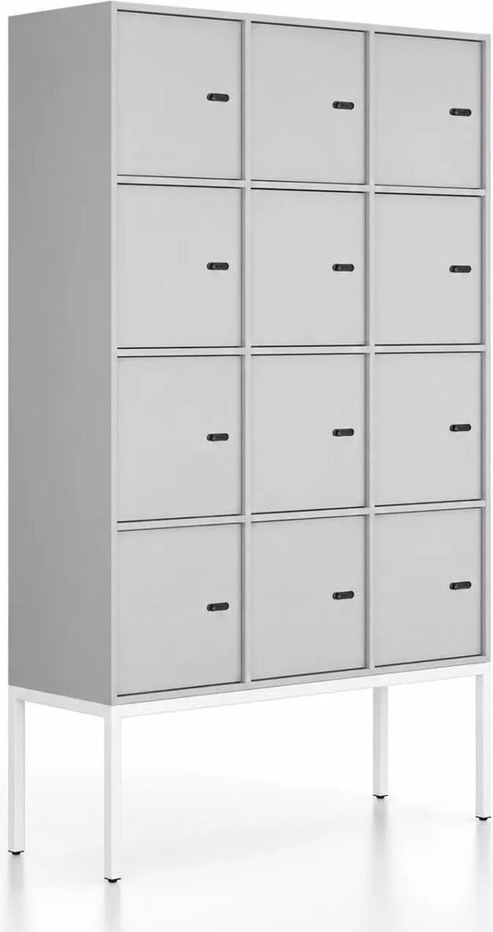 Kancelářská skříň FRAME, bílá podnož, 12x dveře, 1299 x 450 x 2185 mm, mechanický kódový zámek, šedá