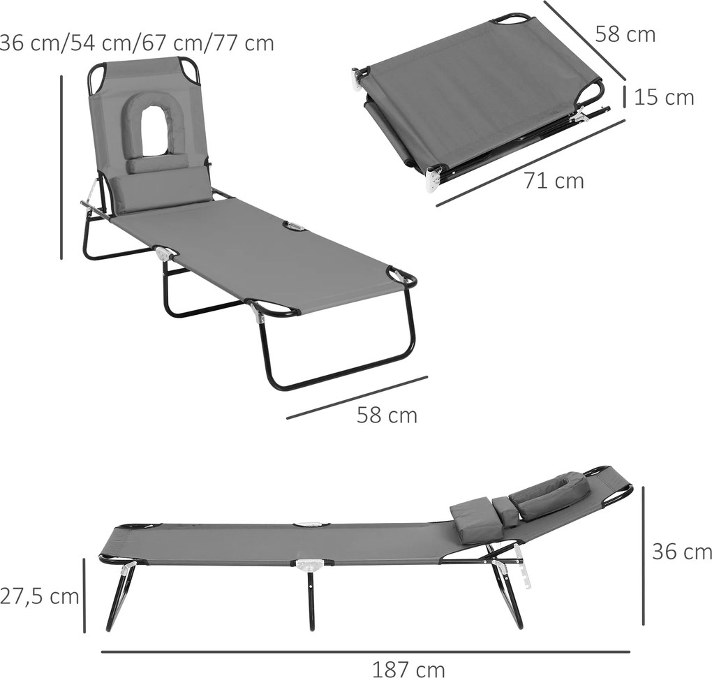 Lehátko s otvorem pro obličej a polštářem, skládací, voděodolný potah, kovový rám, tmavě šedá barva