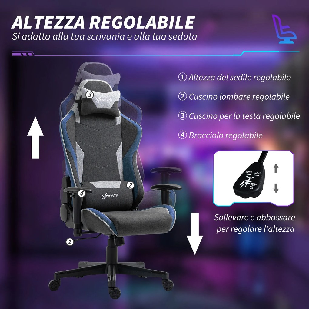 Ergonomická herní židle Vinsetto s opěrkami, opěrkou hlavy, nastavitelnou výškou a sklápěcí kancelářská herní židle v lněné tkanině s houpací funkcí …