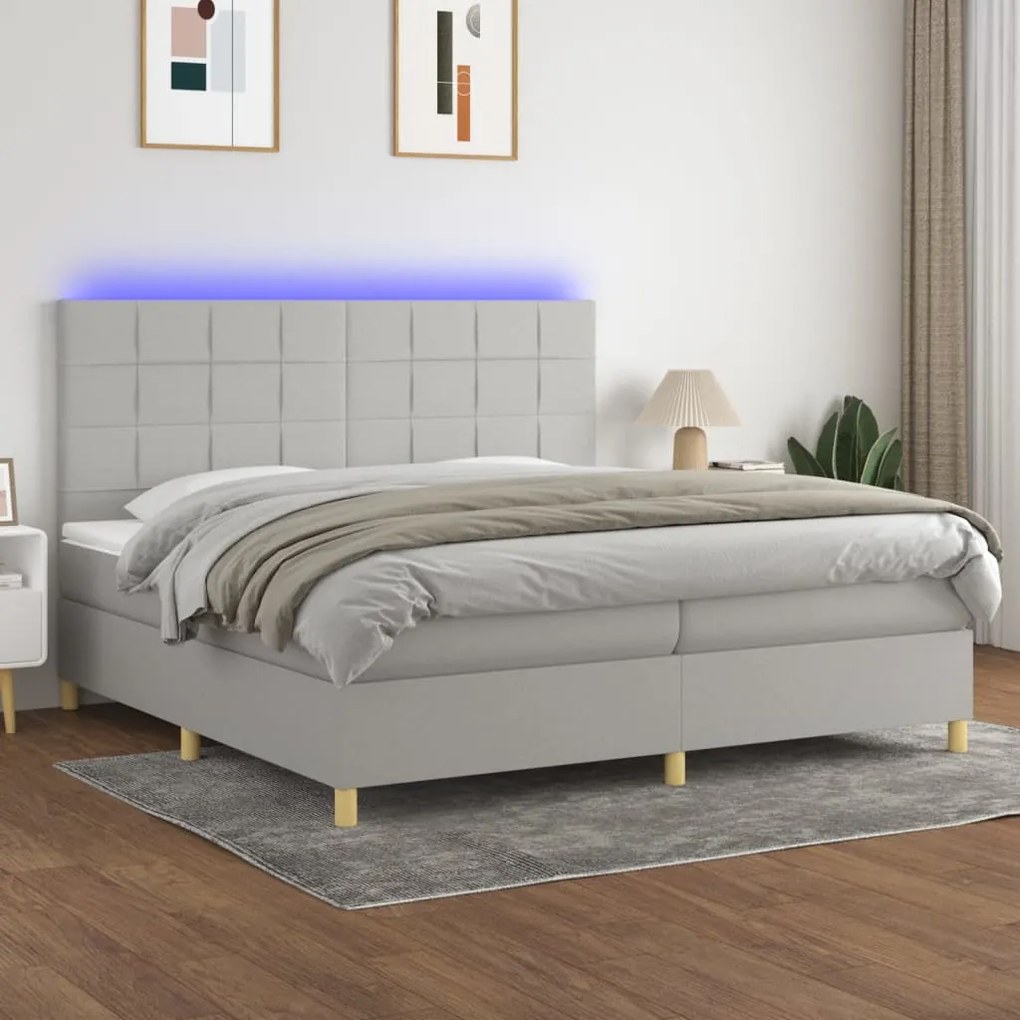 Box spring postel s matrací a LED světle šedá 200x200 cm textil