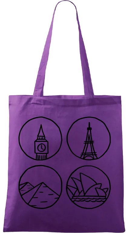 Plátěná taška Handy - Big Ben, Eiffelovka, Pyramidy a Opera v Sydney - 1 Barva tašky: FIALOVÁ, Barva motivu: ČERNÁ
