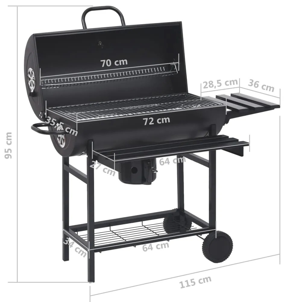 vidaXL Marketos Válcový gril s kolečky a poličkami černý ocel 115 x 85 x 95 cm