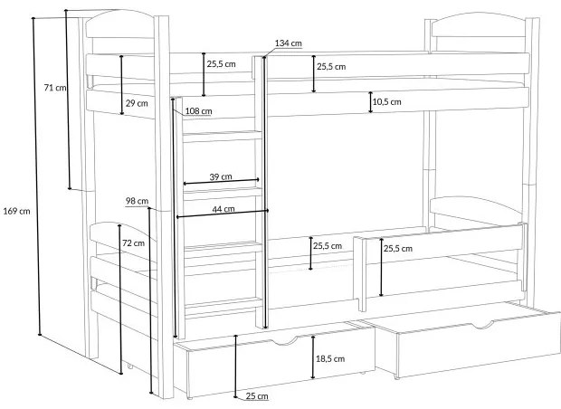 Dětská patrová postel z masivu borovice KAJETÁN se šuplíky - 200x90 cm - PŘÍRODNÍ BOROVICE