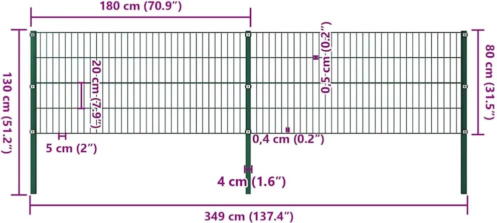 Plotový panel se sloupky železný 349 x 80 cm zelený 278605