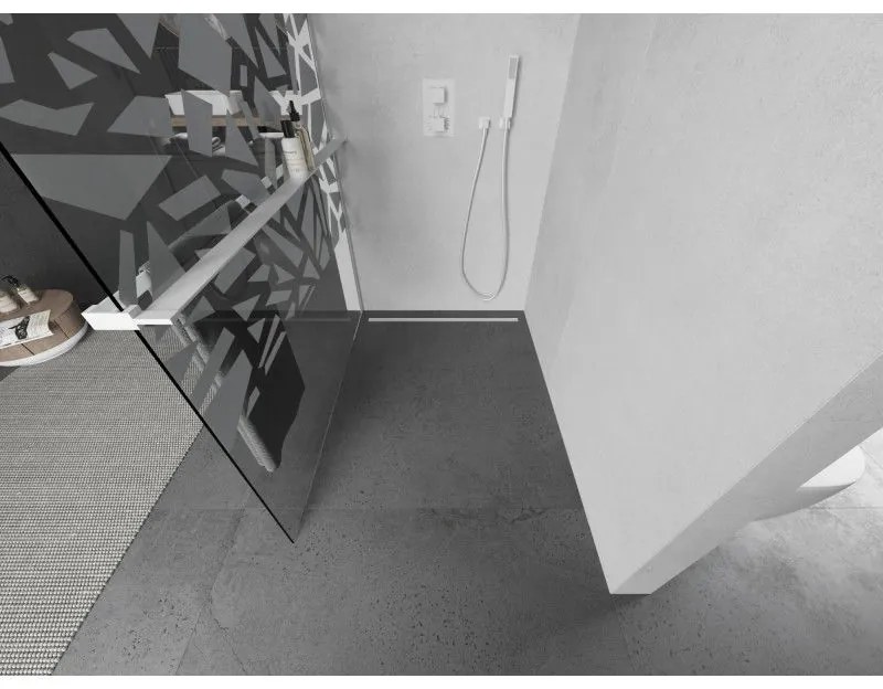Mexen Kioto+, sprchová zástěna Walk-In s poličkou a věšákem 100 x 200 cm, 8mm čiré sklo bílý vzor, bílý profil, 800-100-121-20-85