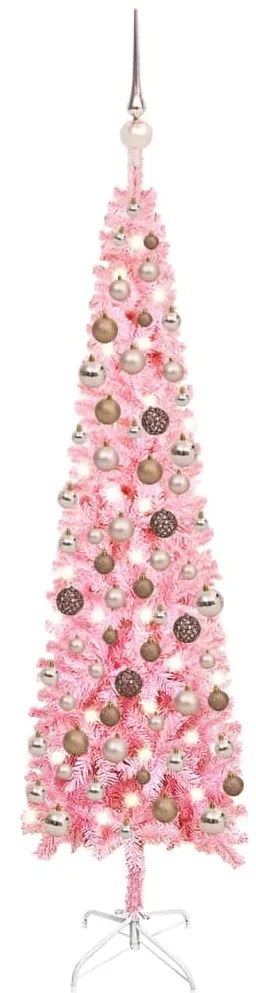 3078065 vidaXL Úzký vánoční stromek s LED diodami a sadou koulí růžový 120 cm