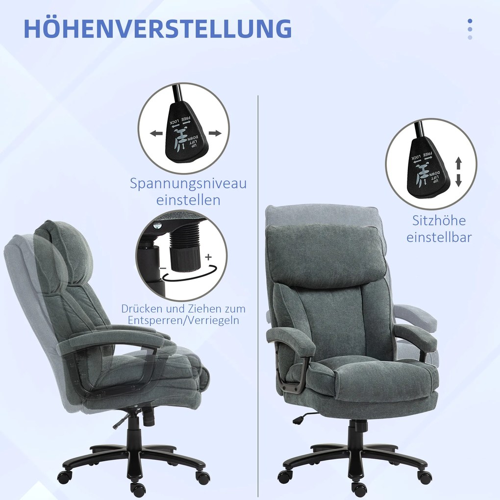 Kancelářská židle HOMCOM, ergonomická kancelářská židle s houpací funkcí, lněný vzhled, výškově nastavitelná židle k PC s funkcí otáčení, silné polšt…