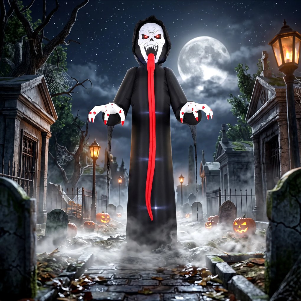 Outsunny Nafukovací Halloween kostlivec, 310 cm, s integrovanými LED světly, strašidelná dekorace pro vnitřní i venkovní použití
