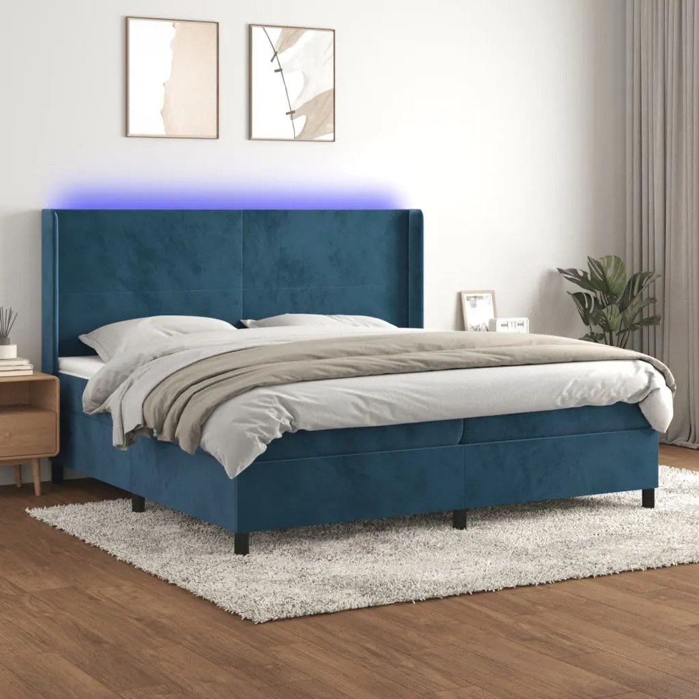 Box spring postel s matrací a LED tmavě modrá 200x200 cm samet