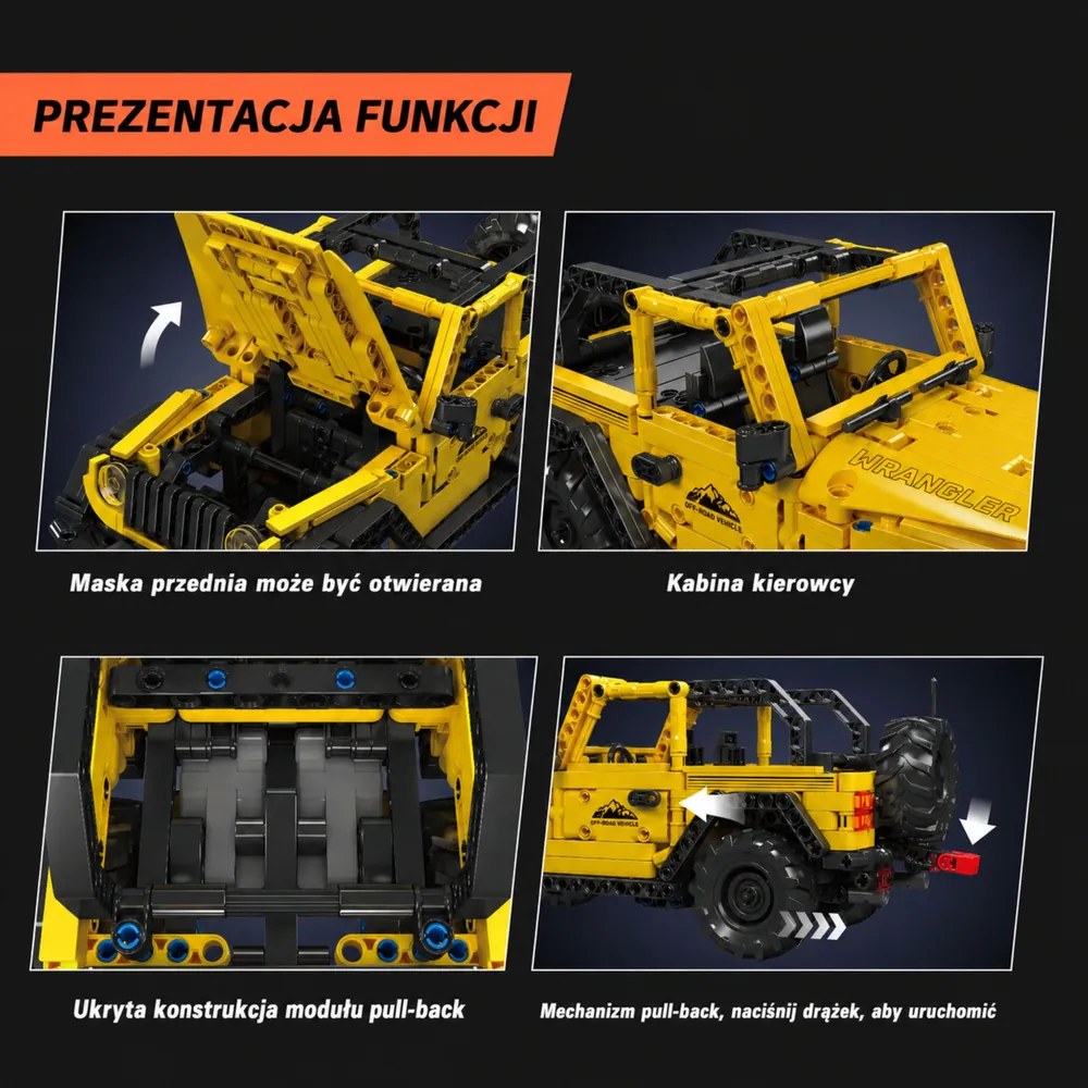 LEAN Toys Stavebnicové kostky – terénní auto Wrangler, žluté, 746 dílů