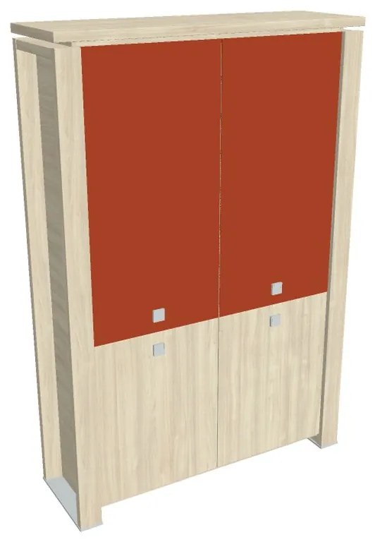 Vysoká skříň Verno+ 140 x 46 x 210 cm, kombinované dveře, akát / oranžová