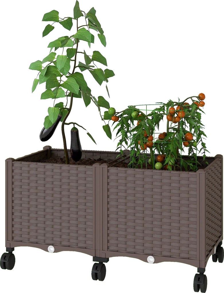 Outsunny zvýšený truhlík s 6 kolečky — mobilní venkovní plastový truhlík s nádrží na zavlažování a odtokem, 80×40×43 cm, hnědý | Aosom