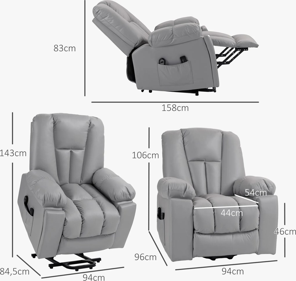 Elektrické TV křeslo HOMCOM, s 8 masážními body, s možností náklonu 135°, s pružinovým jádrem, dálkové ovládání, 94 cm x 96 cm x 106 cm, tmavě šedé| …