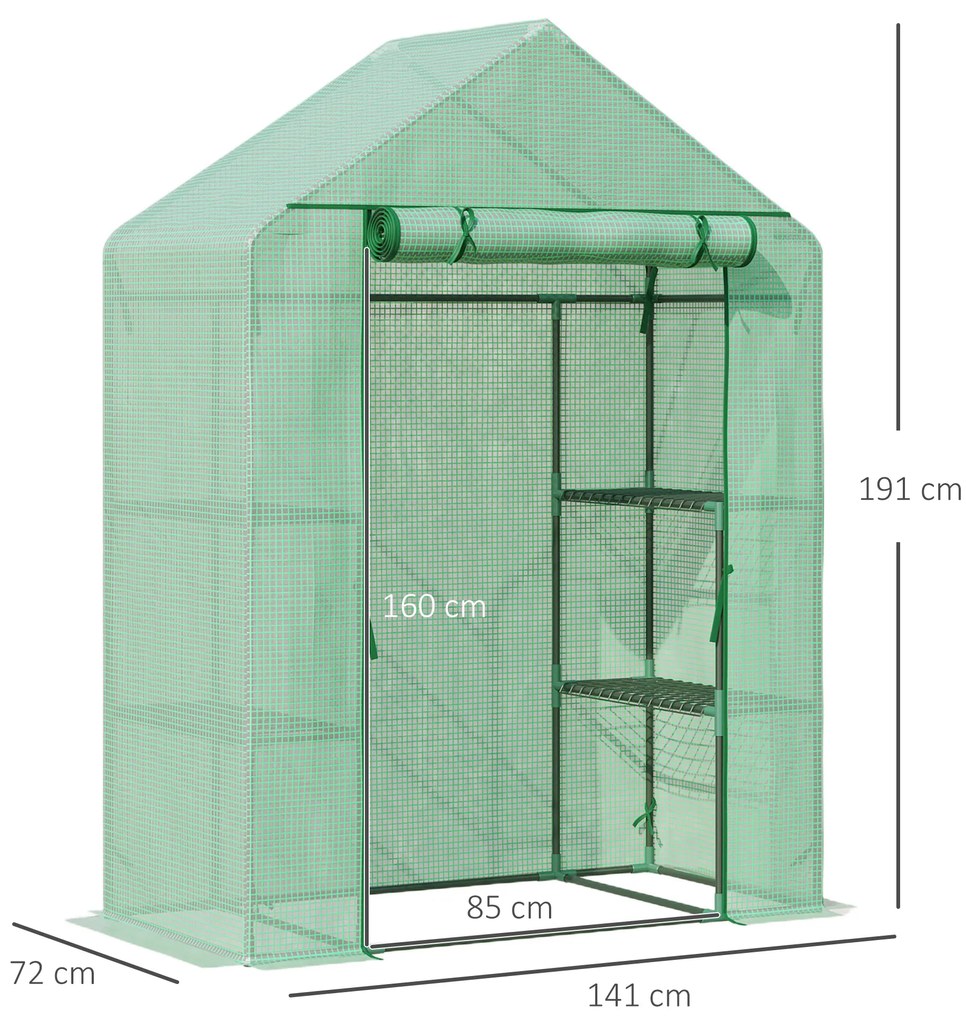 Outsunny polytunelový skleník Walk-in zahradní přístřešek se 6 policemi, skleník pro rostliny, s rolovacím vchodem, zelený| Aosom
