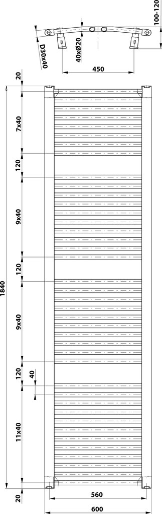 Aqualine Sapho, ORBIT otopné těleso s bočním připojením 600x1850 mm, 1148 W, bílá