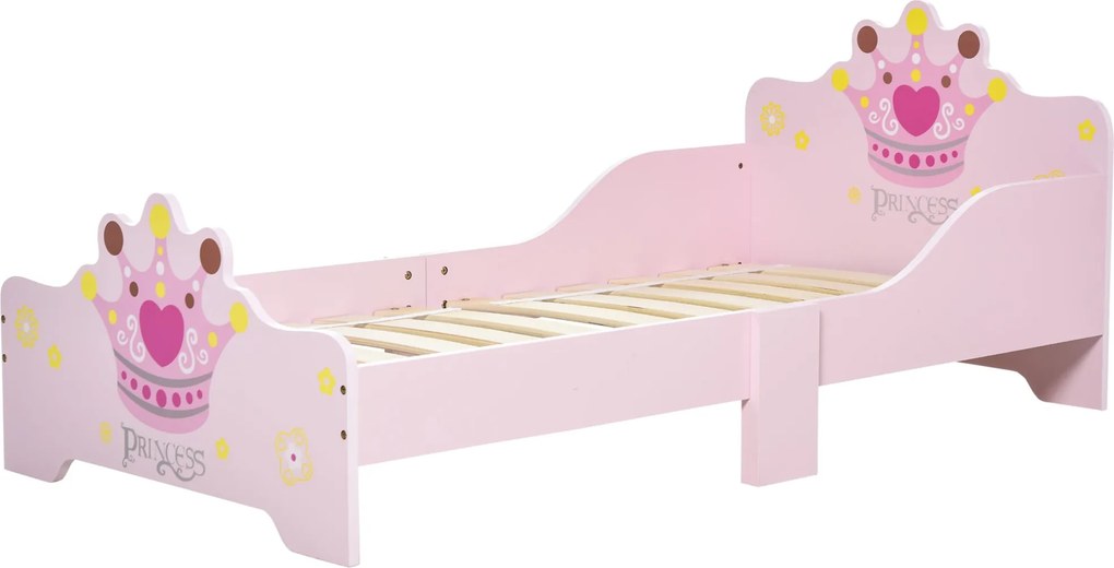 Dětská postel HOMCOM pro děti od 3 let, 143x73x60 cm, dřevěná postel s potiskem korunky, nosnost 50 kg, růžová | Aosom