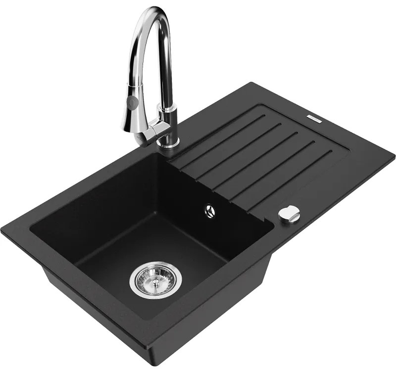 Mexen Pablo, 1-komorový granitový dřez 752x436x161 mm a dřezová baterie Elia, černá, 6510-77-670101-00
