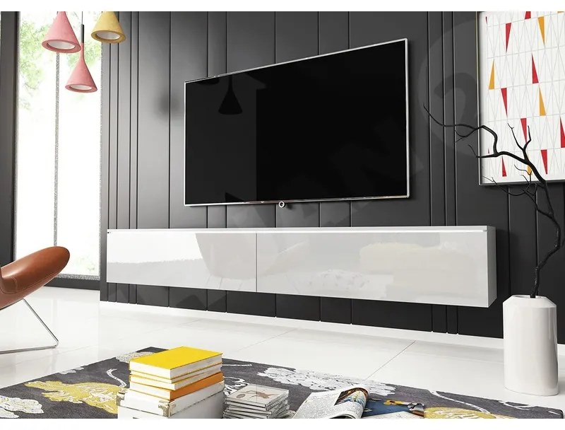 TV stolek Dlone 180, Barva: Beton + Bílý lesk, Osvětlení: osvětlení LED - bílé