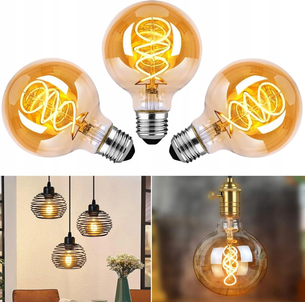 3ks Led žárovka E27 Filament 4W 2200K Edison Ozdobná Žárovka