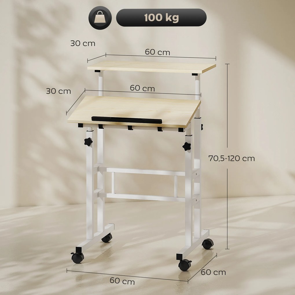 HOMCOM stojací‑sedací stůl 60×60 cm – výškově nastavitelný, s kolečky, naklápěcí deska stolu, kovový rám, přírodní
