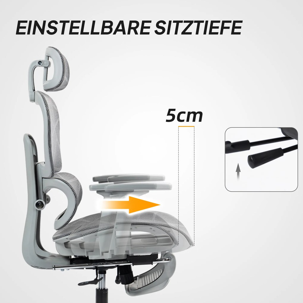 HOMCOM Kancelářská židle, ergonomická židle k psacímu stolu s potahem ze síťoviny, nastavitelná, na kolečkách, s opěrkami rukou, opěrkou hlavy, šedá