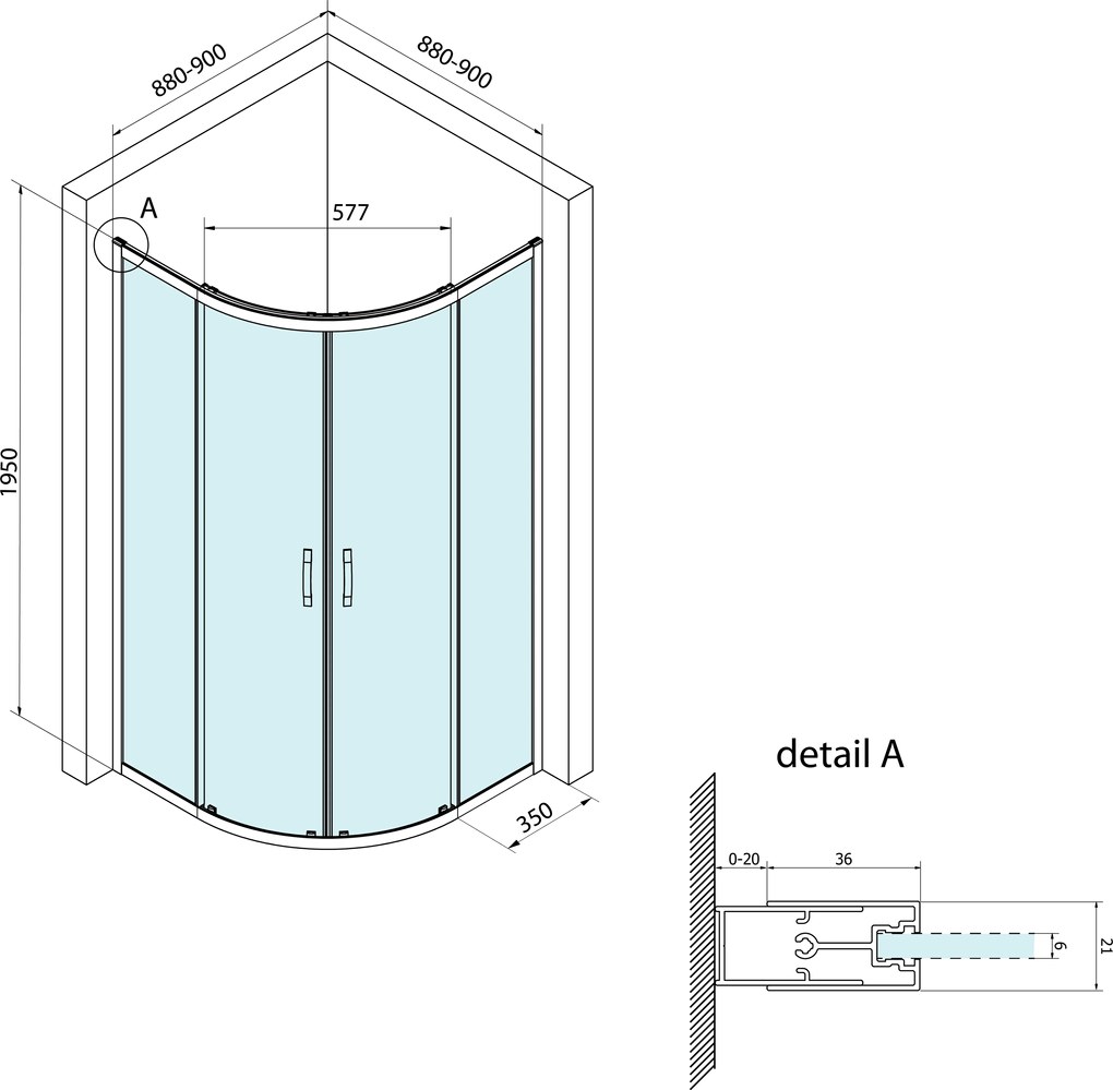 Bruckner Borg čtvrtkruhová sprchová zástěna 900 x 900 x 1950 mm R550 čiré sklo 751.090.1