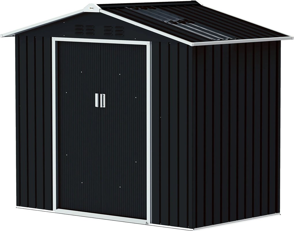 Zahradní shed Outsunny 2,42m² s posílenou základnou bez podlahy 213x130x185 cm s posuvnými dveřmi a střešním oknem 4 okna pro skladování nářadí Tmavě…