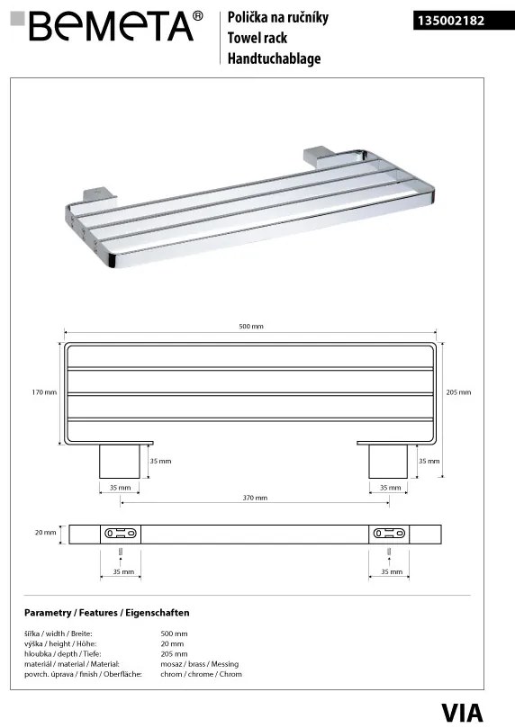 Bemeta Design VIA: Držák ručníků, 370 mm - 135002182