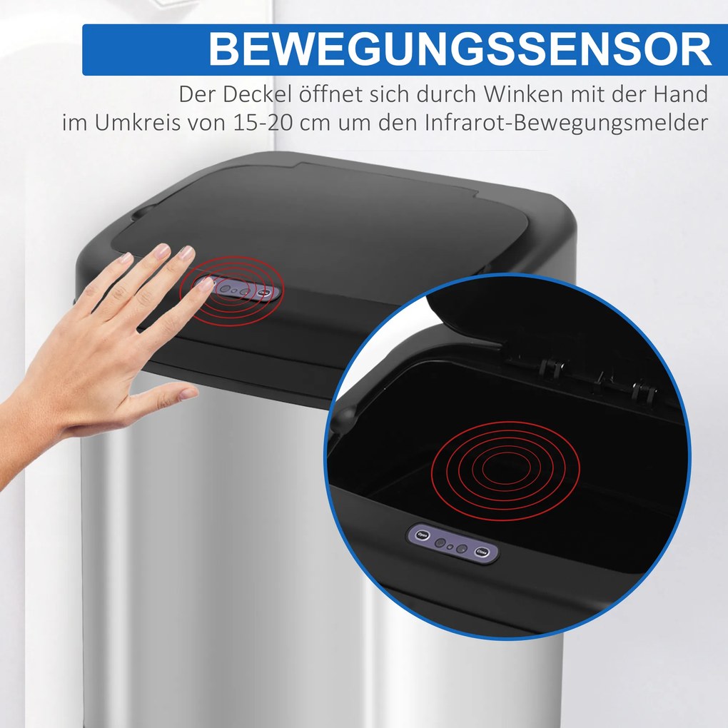 HOMCOM Senzorový odpadkový koš 20 l nerezová ocel Automatický odpadkový koš se senzorem pohybu, vnitřní koš 33 x 25 x 42,5 cm stříbrná+černá