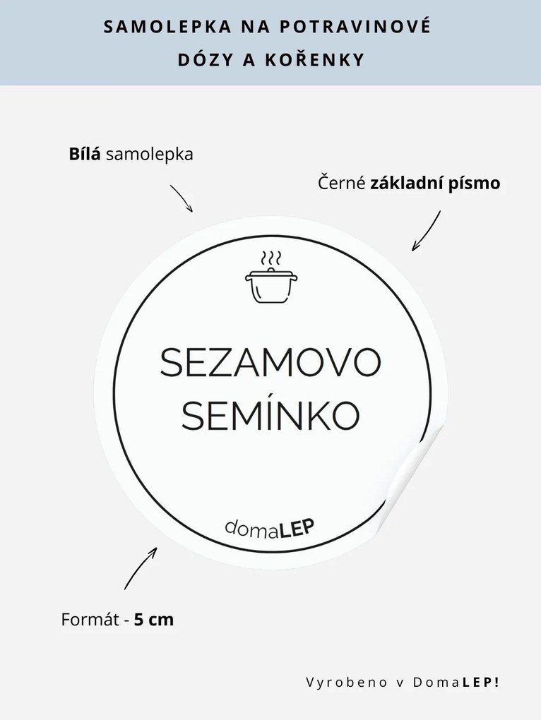 SEZAMOVO SEMÍNKO – bílá samolepka na dózu, základní písmo, 5 cm | DomaLEP