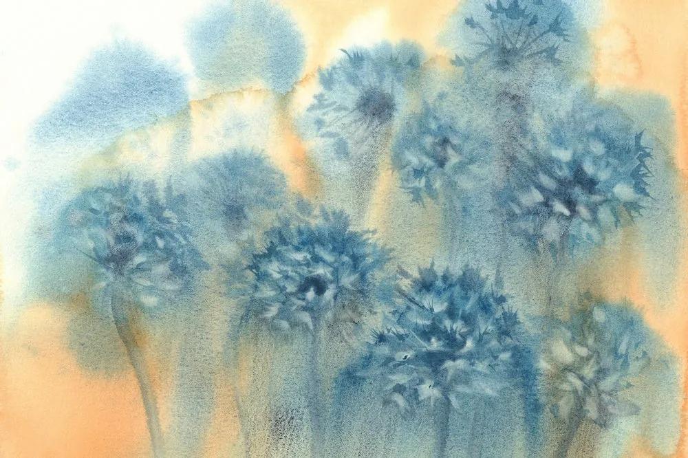 Tapeta modré květiny v akvarelovém provedení - 150x100 cm