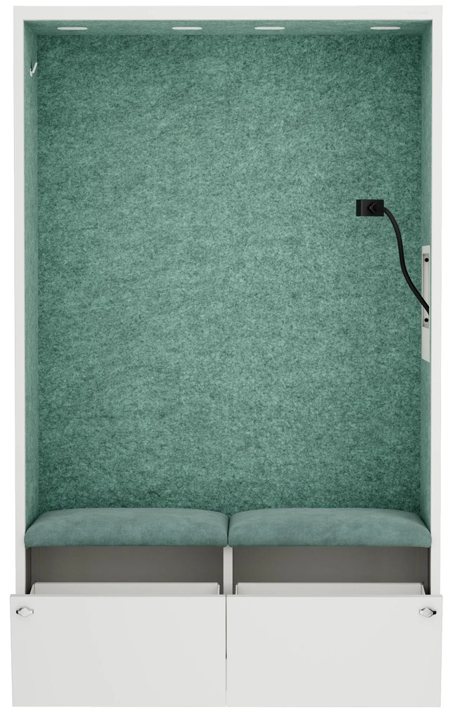 Kancelářská akustická kabina se sedátkem a USB-C portem, korpus bílý / sedák zelený, 1150 mm: SALLY MentalBox